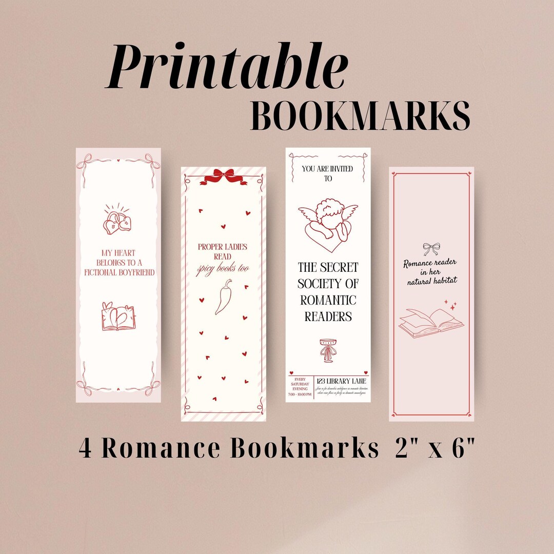 Set of 4 Printable Bookmarks, Romantic Reader Bookmarks, Galentine’s ...