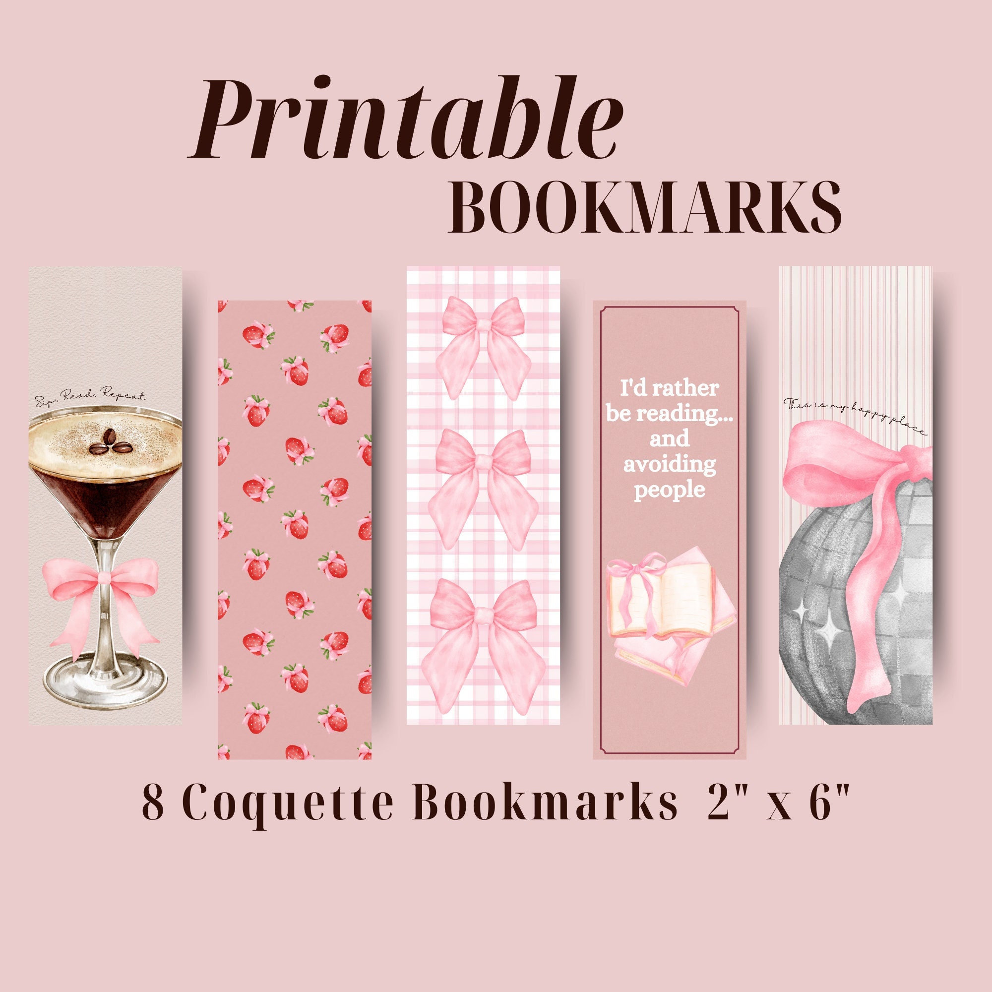 Set of 8 Coquette Printable Bookmarks Digital Download Book Lovers ...