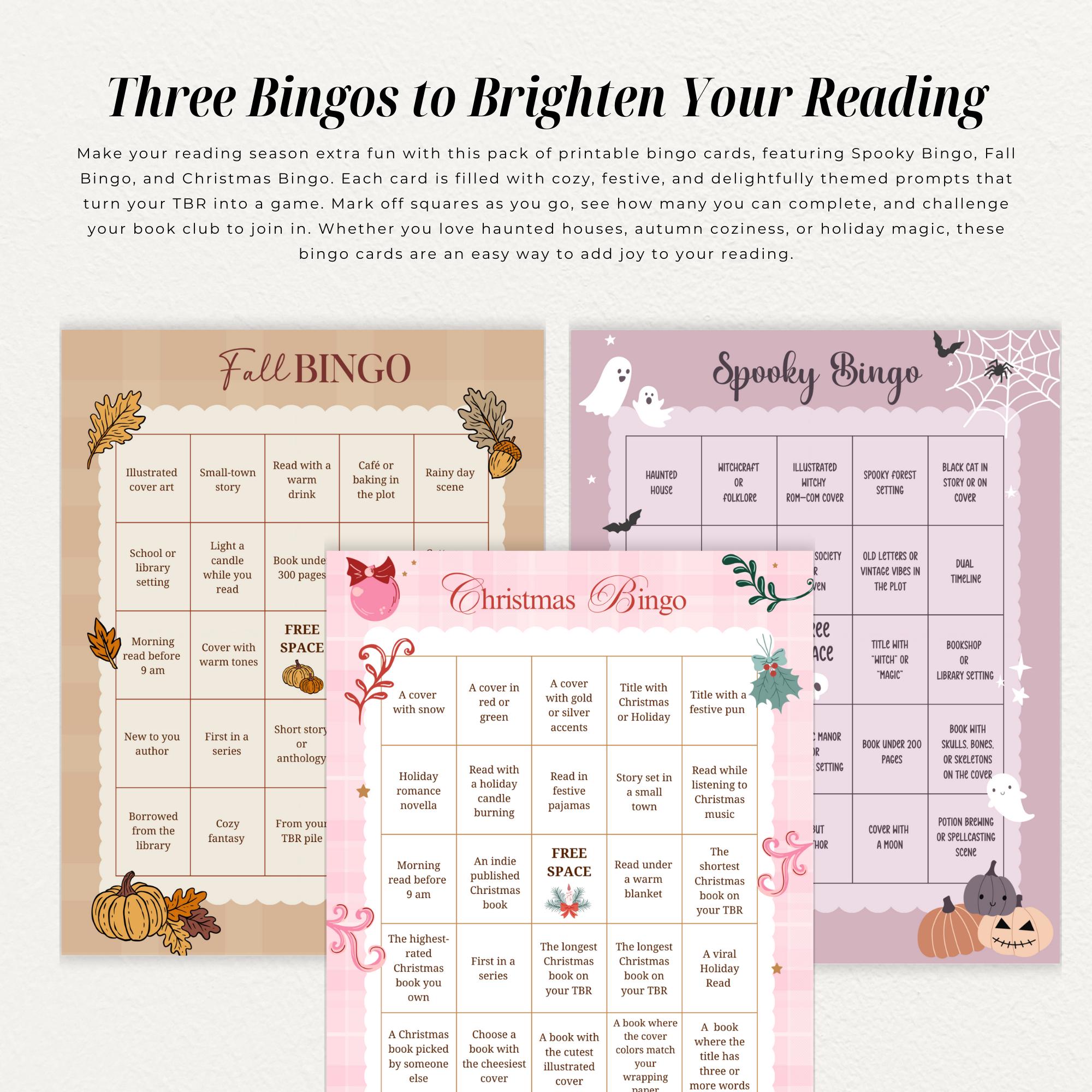 Seasonal Reading Bingo Printable Set, Fall, Spooky & Christmas Book ...