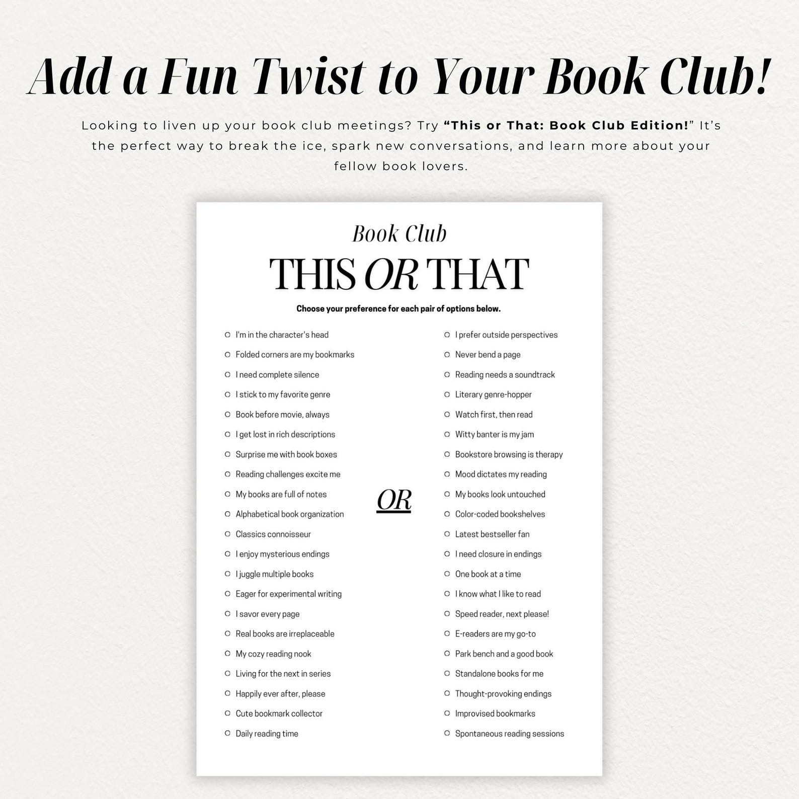 Book Club Icebreaker Game, This or That Book Club Printable, Fun Book ...