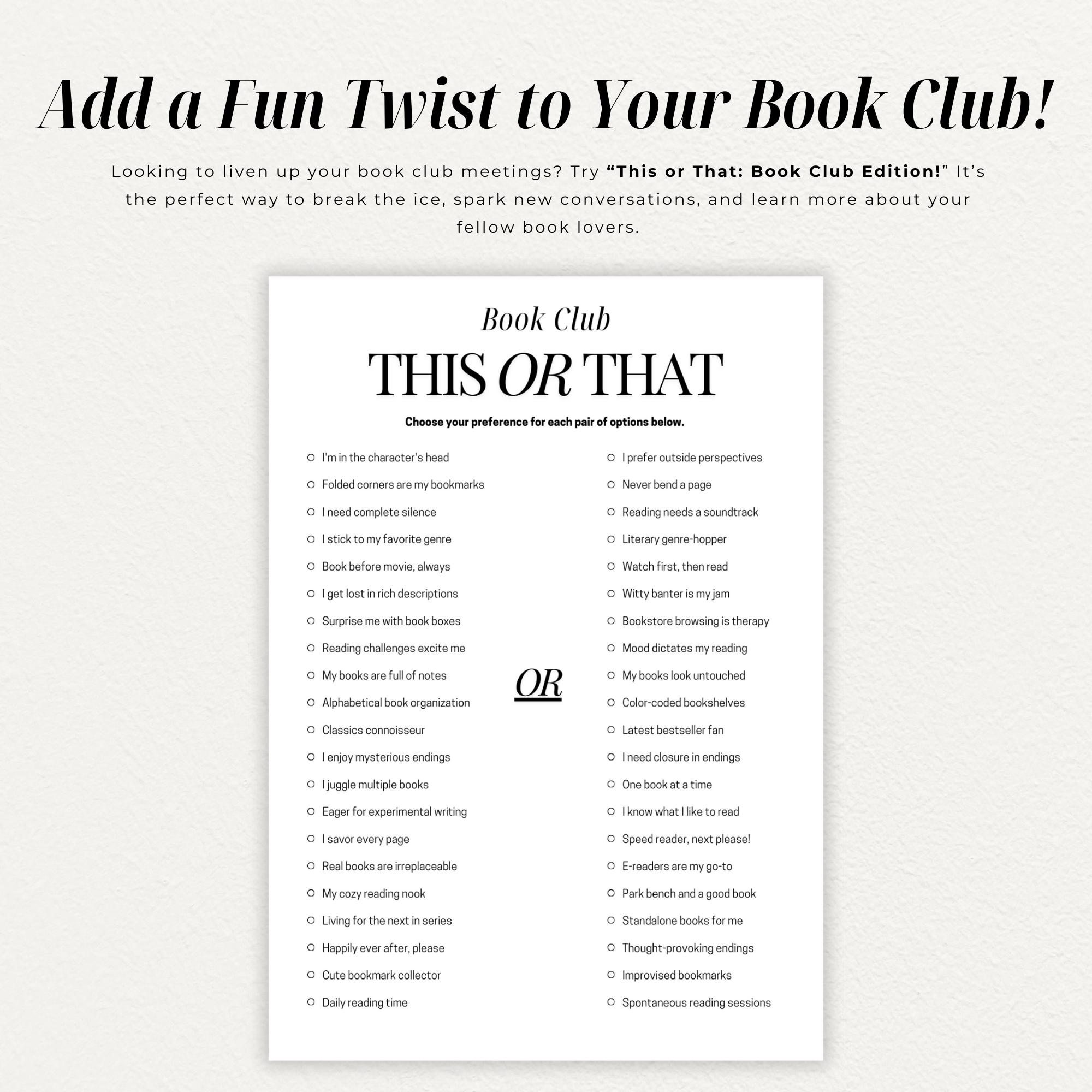Book Club Icebreaker Game, This or That Book Club Printable, Fun Book ...