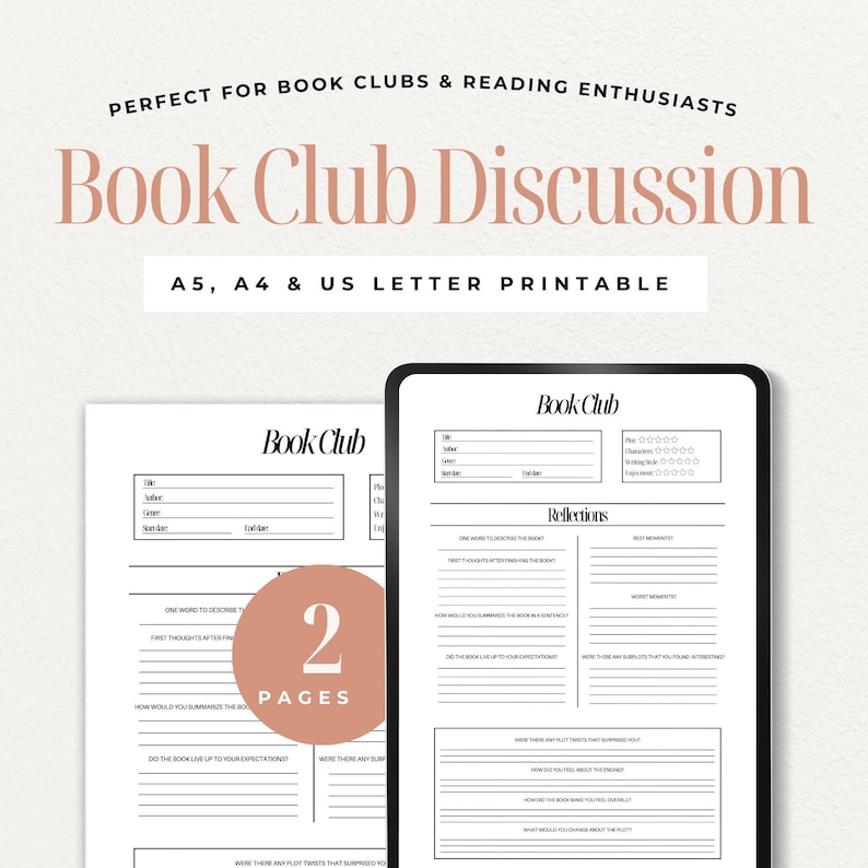 Book Club Questions Printable Book Club Pages | 2-page Set | A5, A4 ...