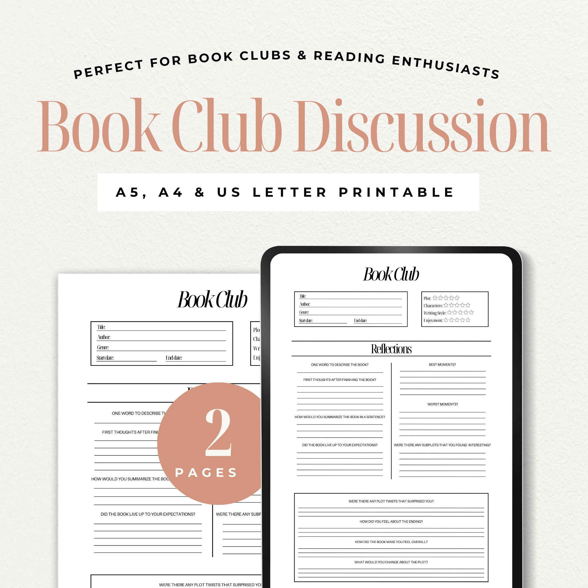 Book Club Questions Printable Book Club Pages | 2-page Set | A5, A4 ...