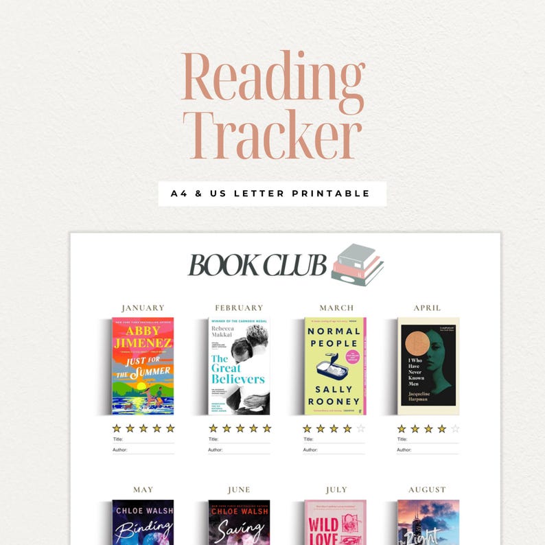 Book Club Reading Tracker Printable | Book of the Month Yearly Log ...