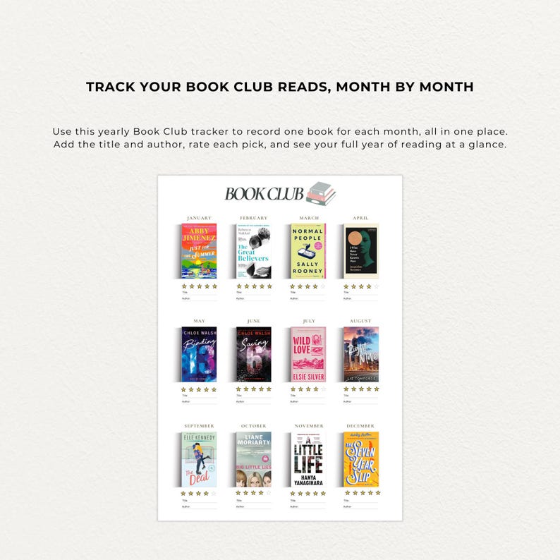 Book Club Reading Tracker Printable | Book of the Month Yearly Log ...