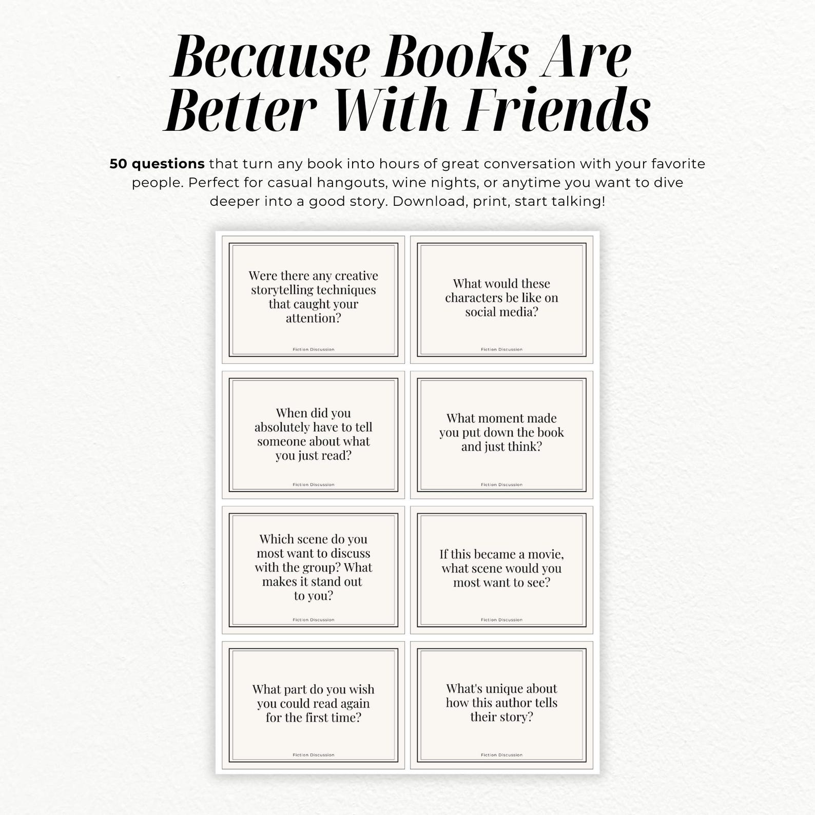 50 Fiction Book Club Discussion Cards, Fun Printable Questions, Book ...