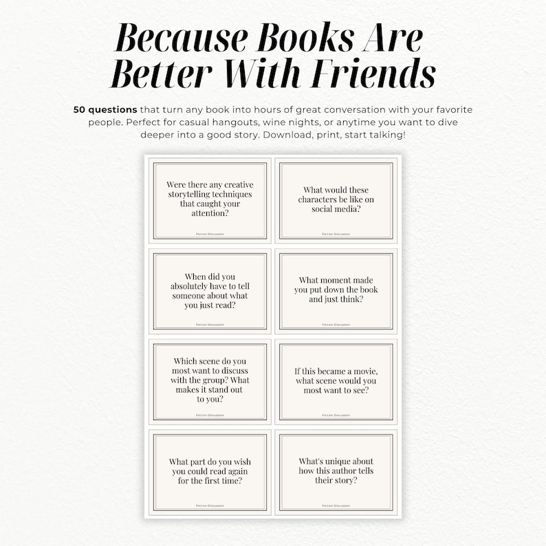 50 Fiction Book Club Discussion Cards, Fun Printable Questions, Book ...