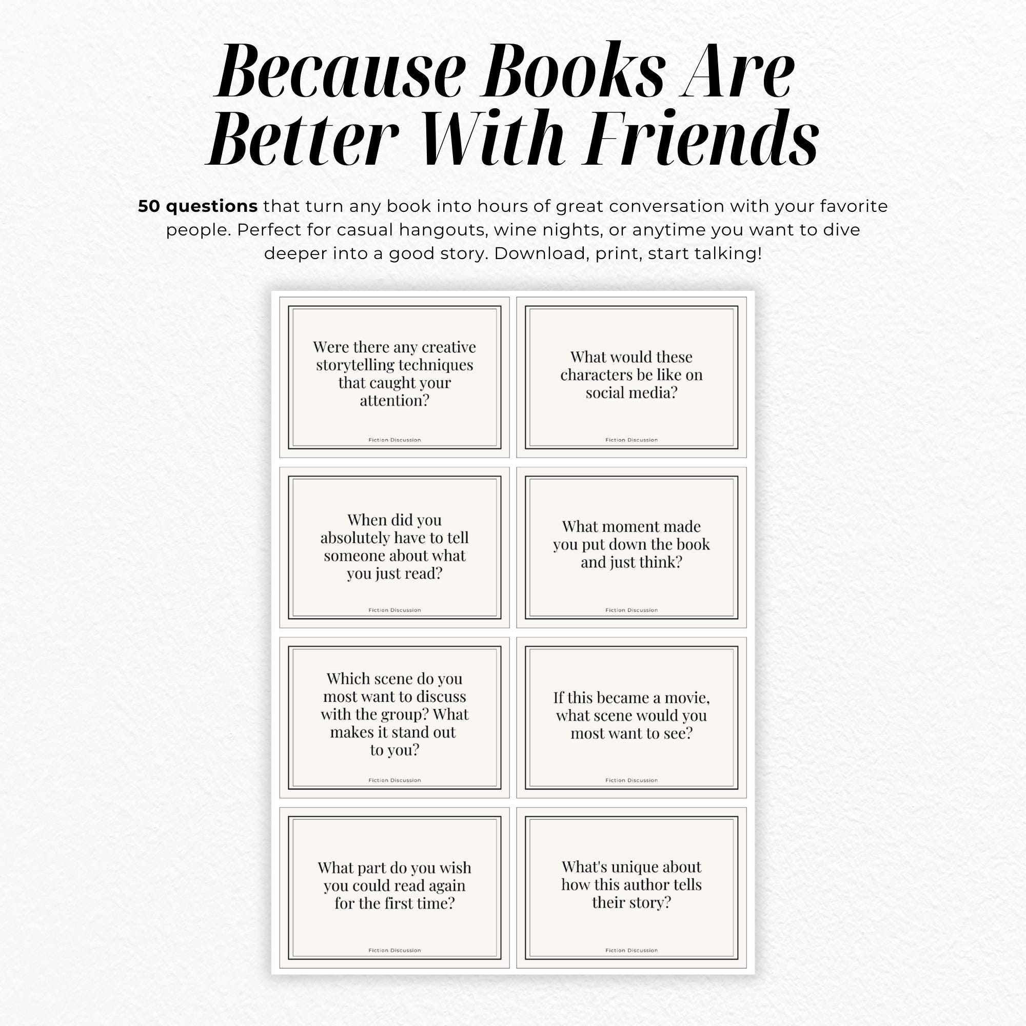 50 Fiction Book Club Discussion Cards, Fun Printable Questions, Book ...