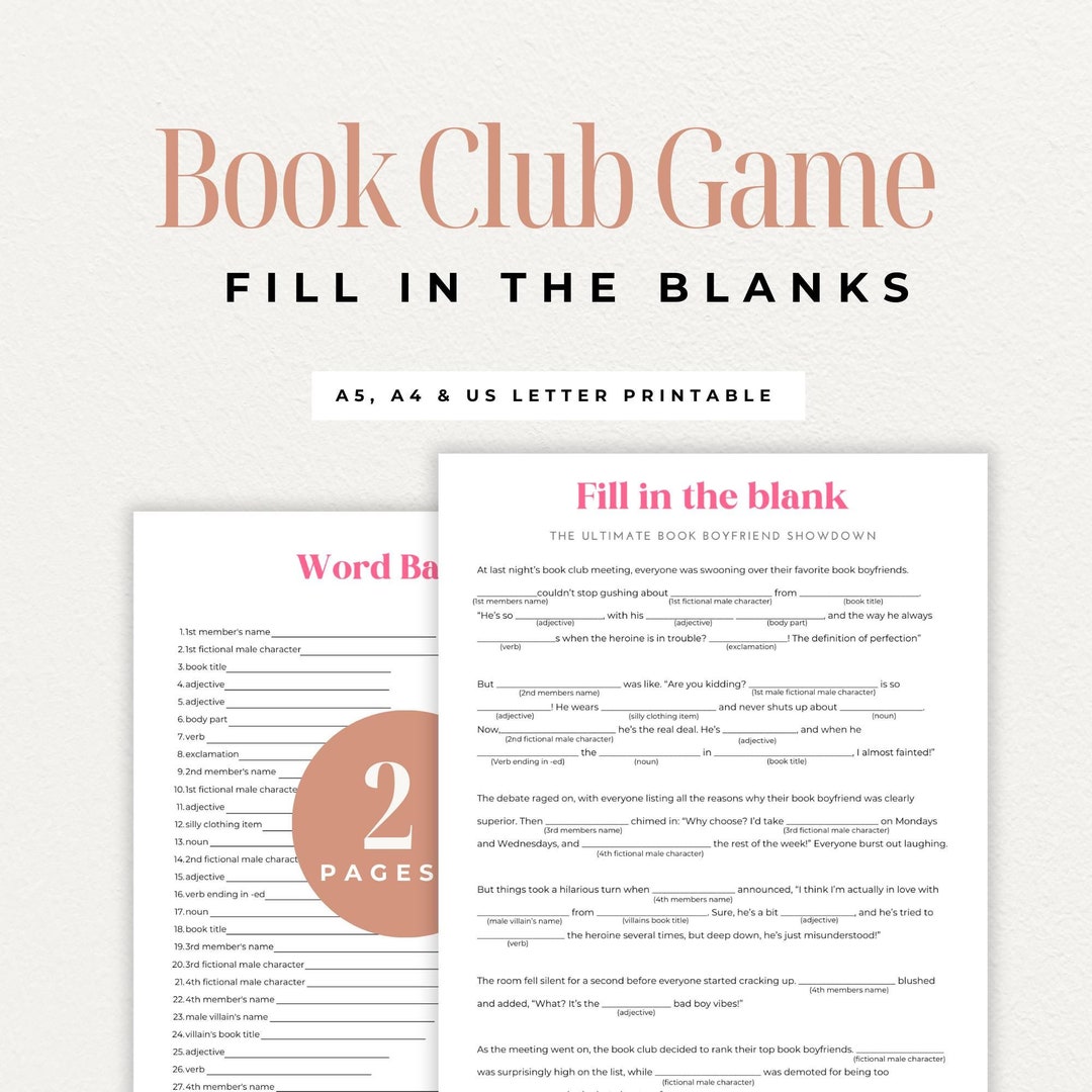 Book Club Fill in the Blank Game, Book Boyfriend Game, Fun Activity for ...