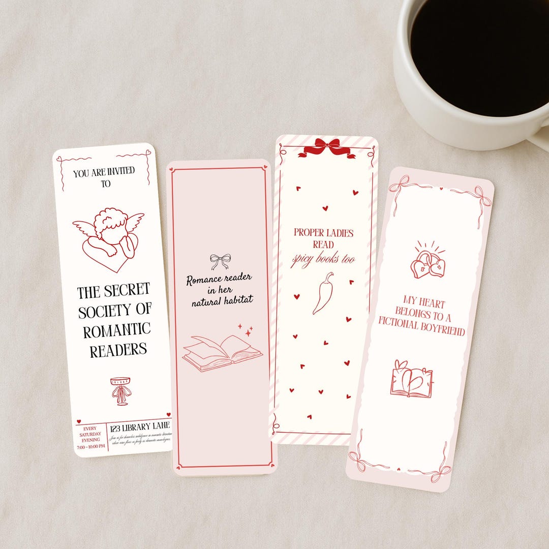 Set of 4 Printable Bookmarks, Romantic Reader Bookmarks, Galentine’s ...