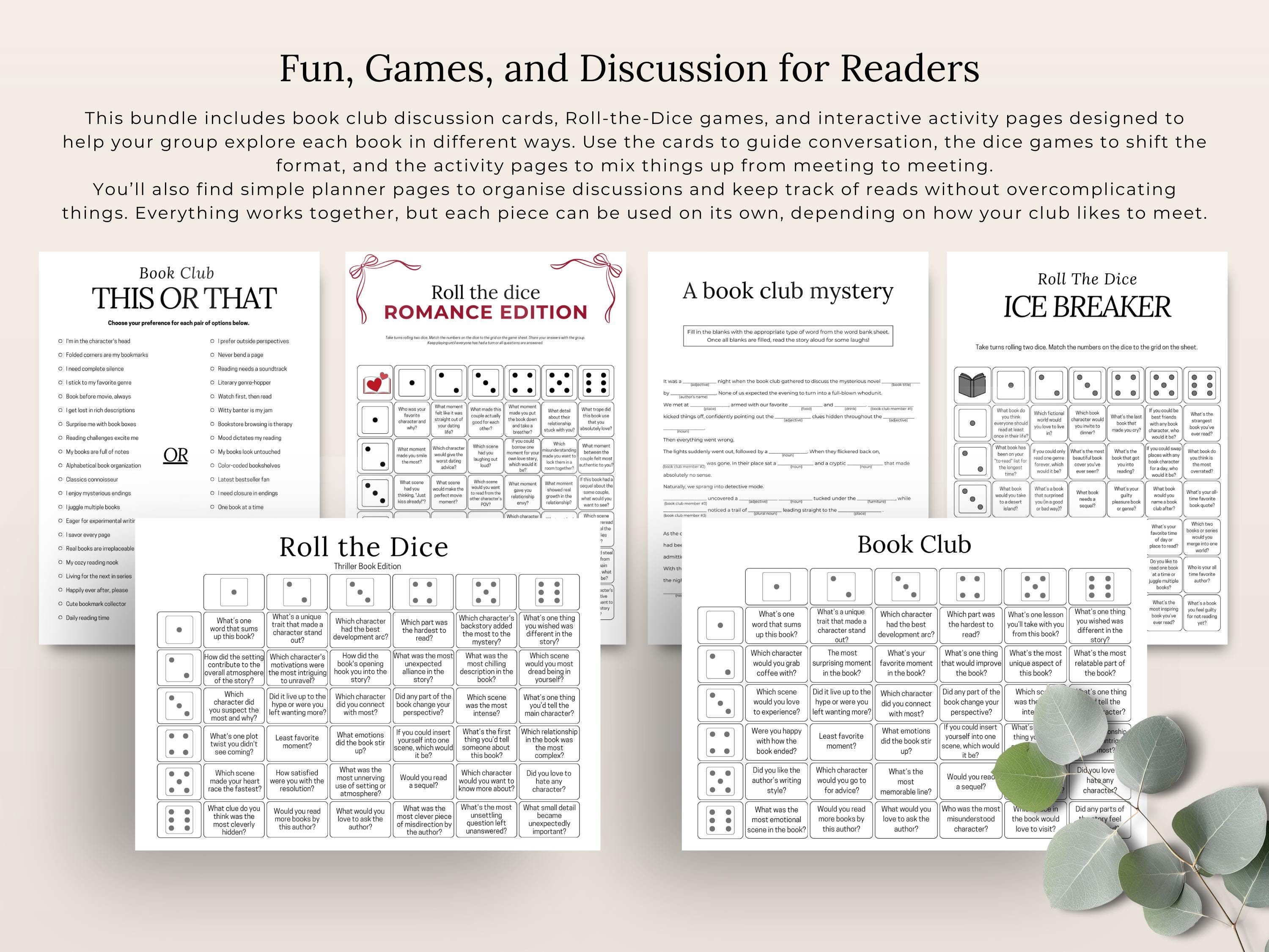 Book Club Bundle Printable | Book Club Discussion Cards, Games ...