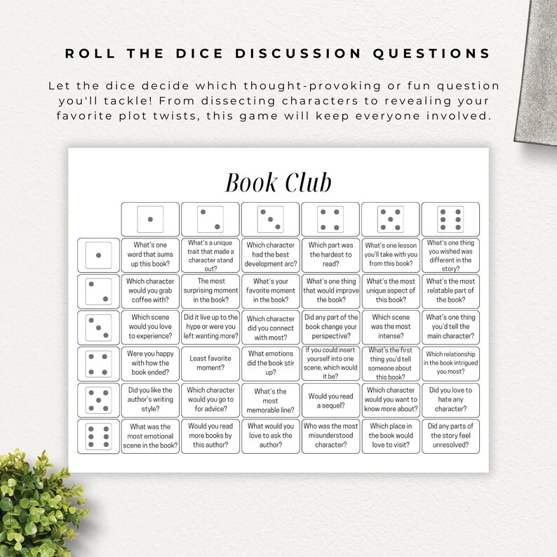 3 Book Club Discussion Questions Printable, Book Review Dice Game, Book ...