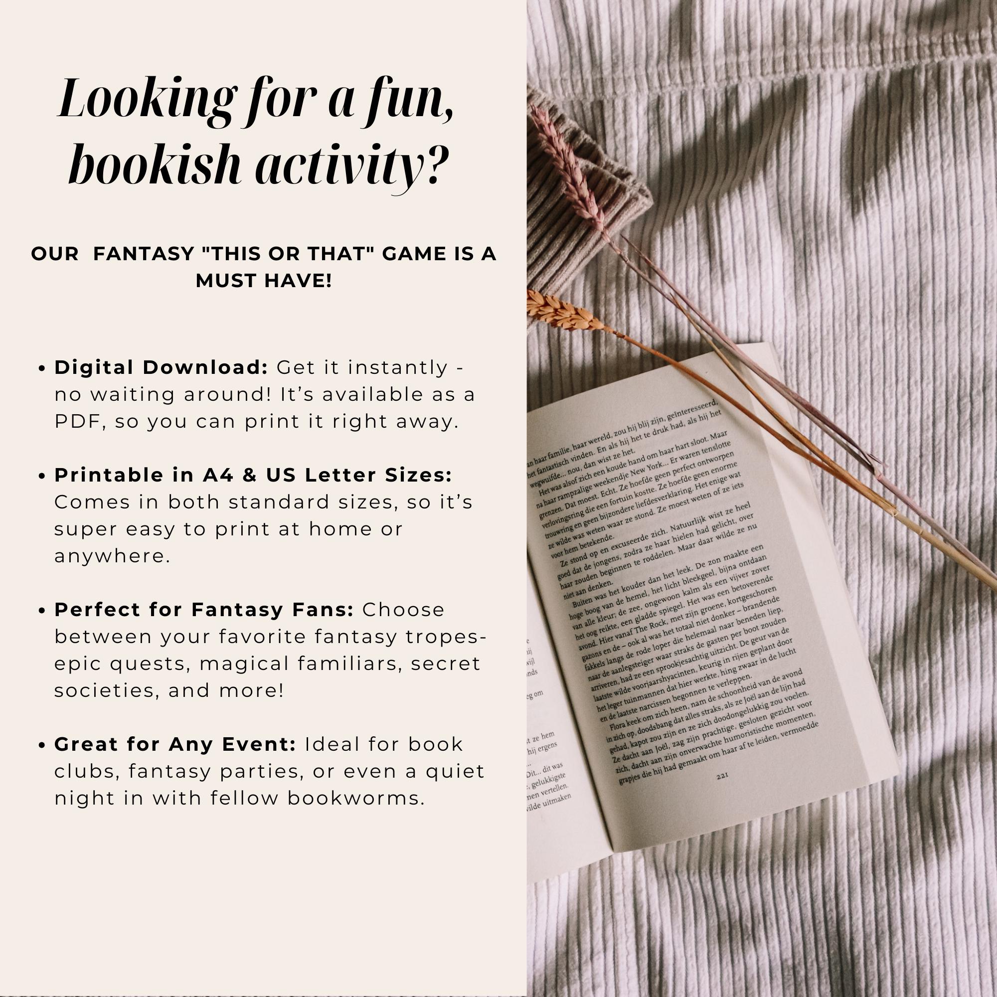 Fantasy Book Club Icebreaker Game, This or That Book Club Printable ...