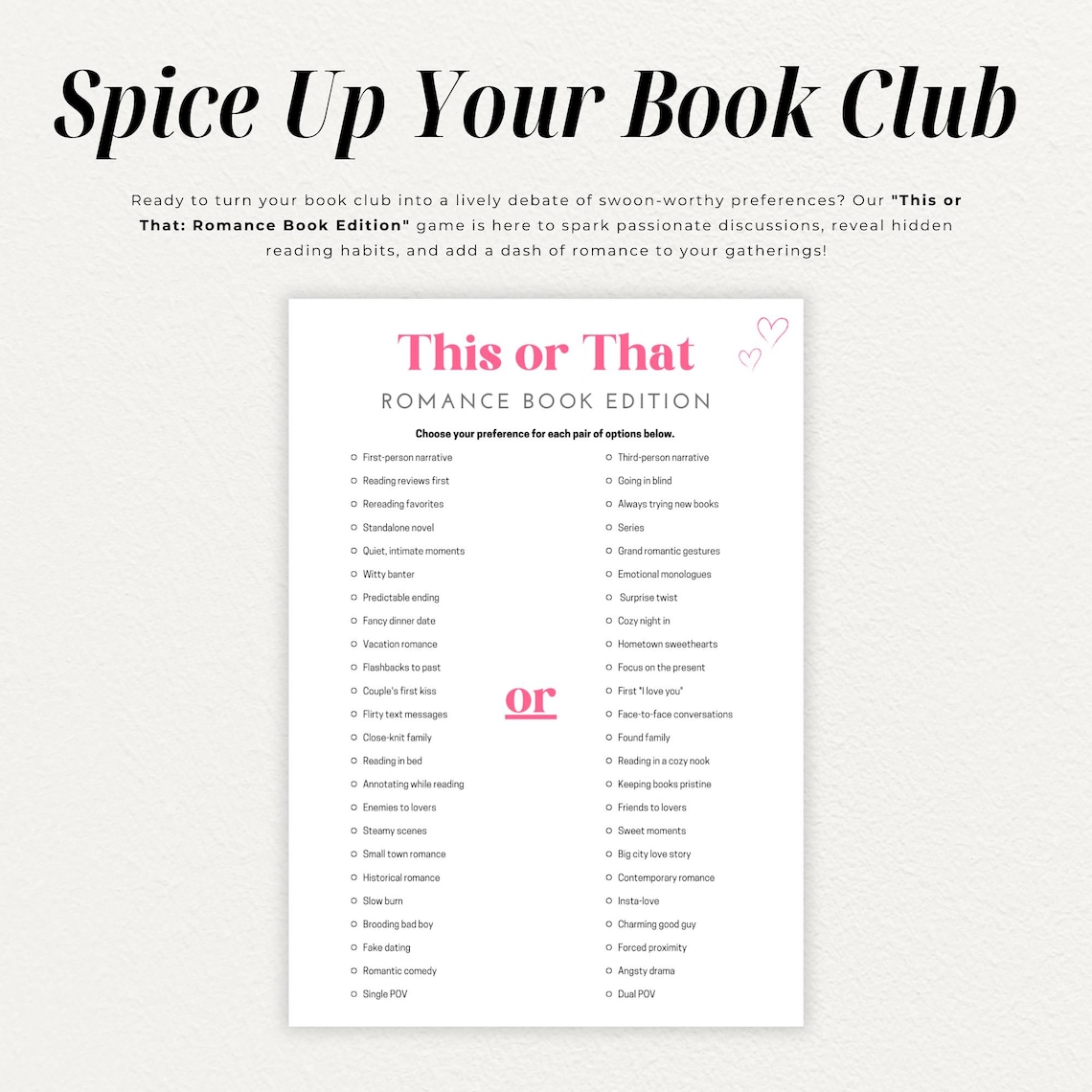 Book Club Icebreaker Game, This or That Book Club Printable, Romance ...