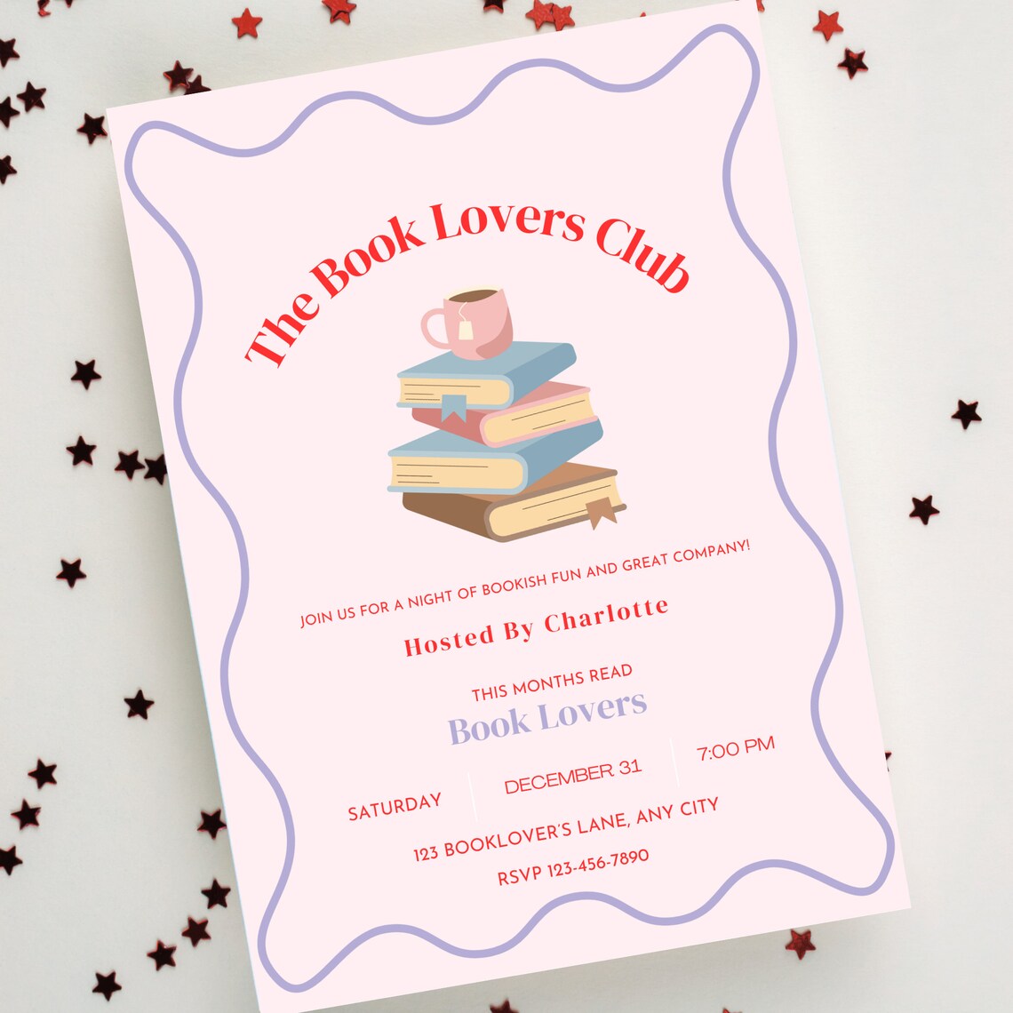 Editable Book Club Invite Pink & Purple Book Lovers Editable Canva ...