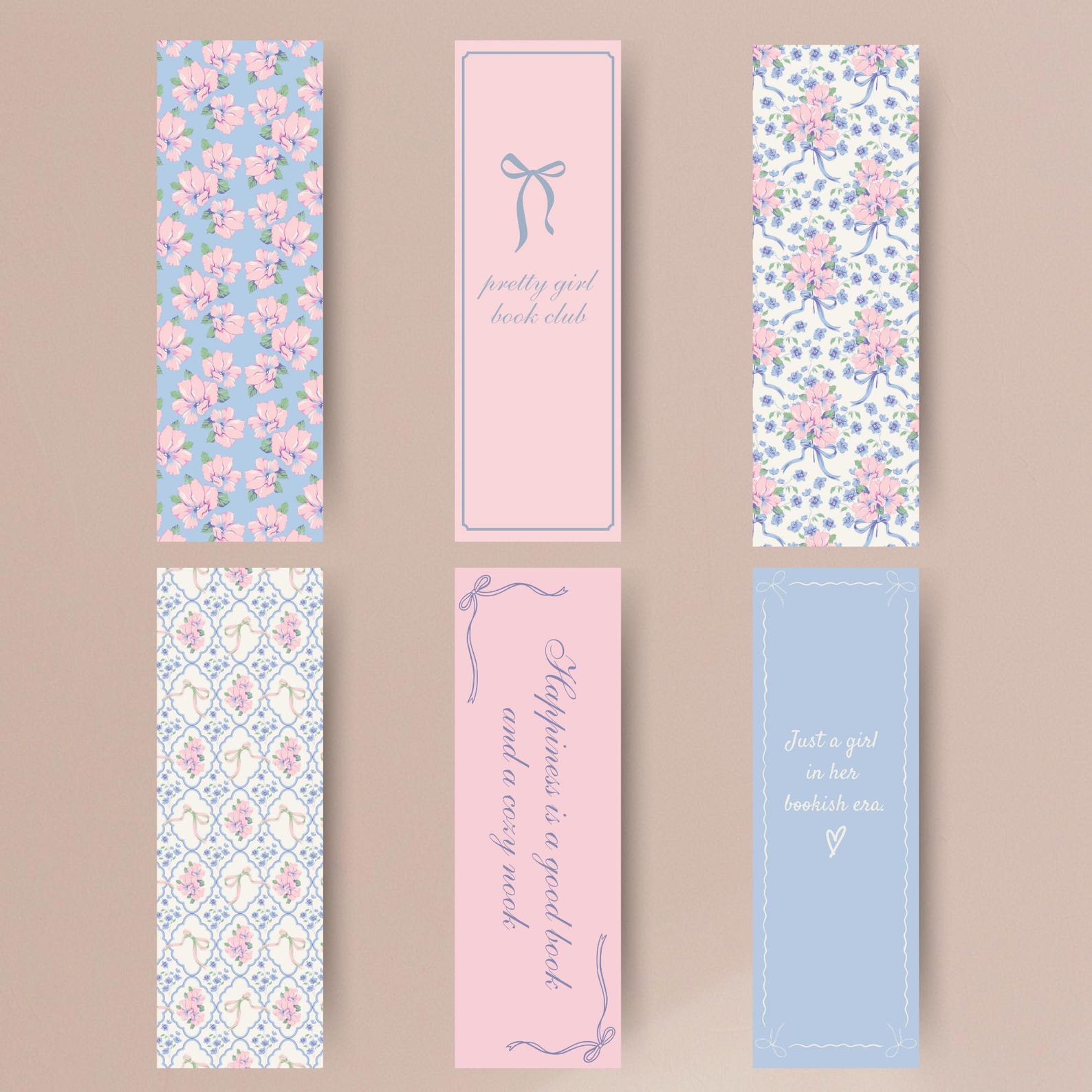 Set of 6 Coquette Printable Bookmarks, Pink and Blue, Girly Era ...