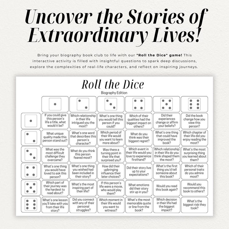 Biography Book Club Game, Roll the Dice Discussion Game, Printable Book ...