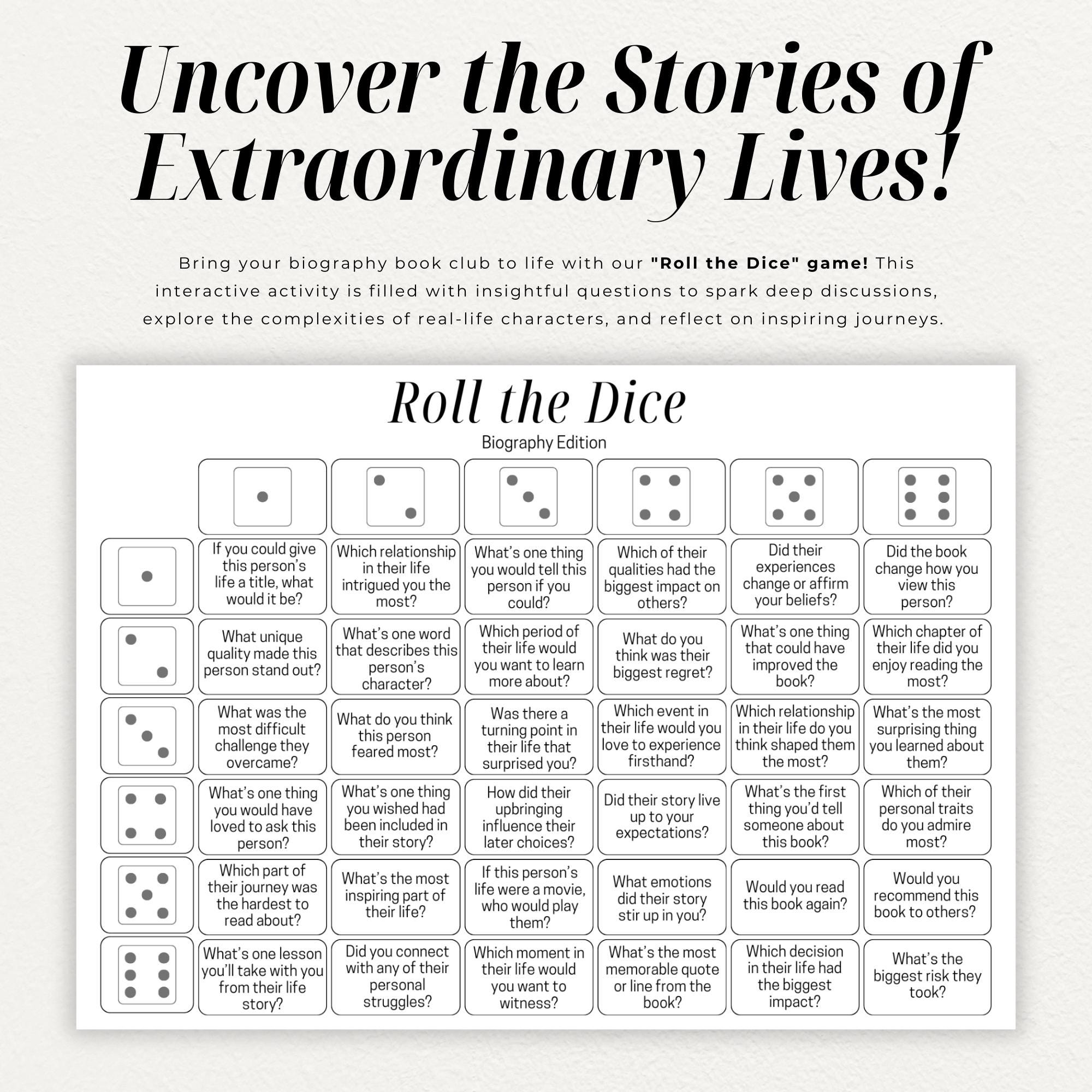 Biography Book Club Game, Roll the Dice Discussion Game, Printable Book ...