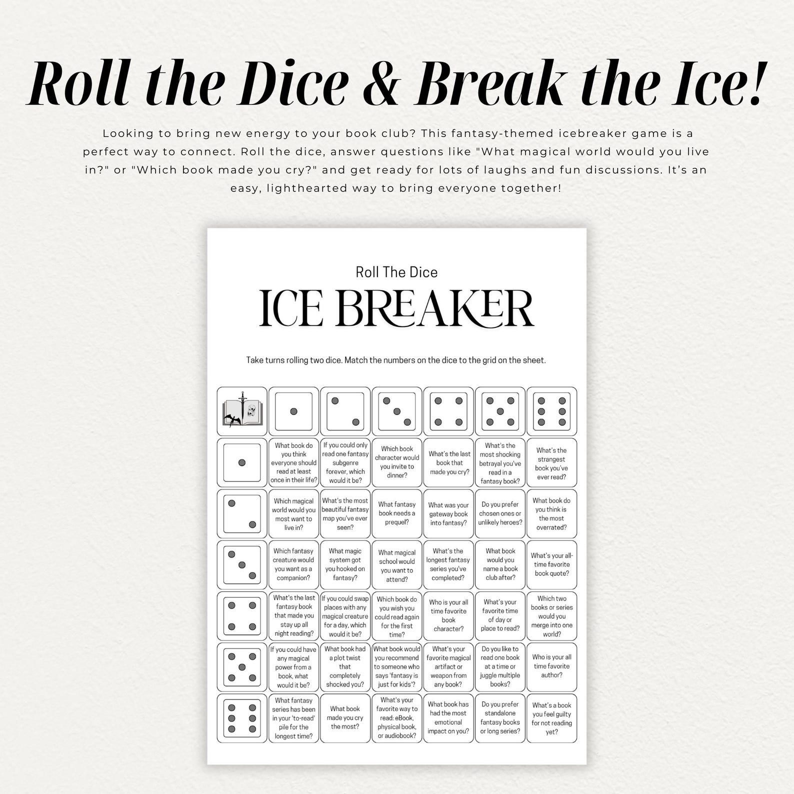 Fantasy Book Club Icebreaker Game, Roll the Dice Book Discussion ...