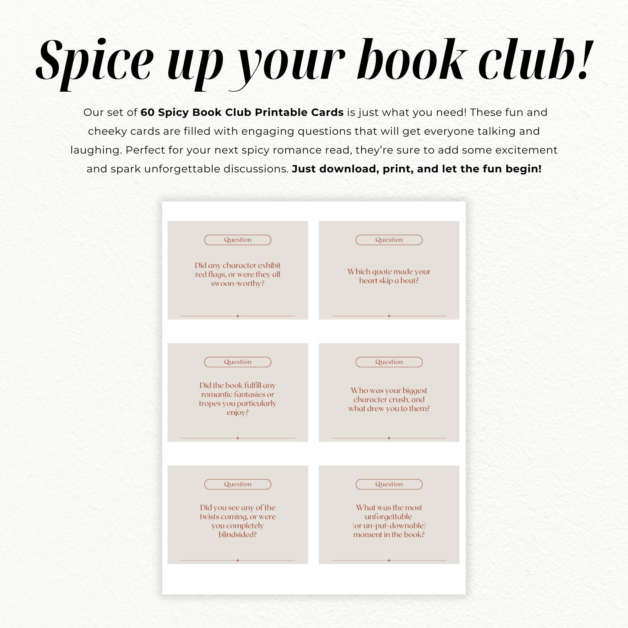 Spicy Book Club Discussion Cards | 60 Fun Printable Questions | Digital ...