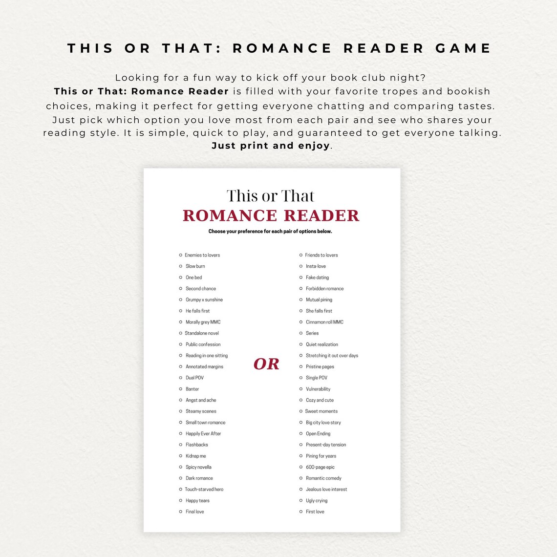 Book Club Game, Fun Printable Activity, This or That, Icebreaker ...