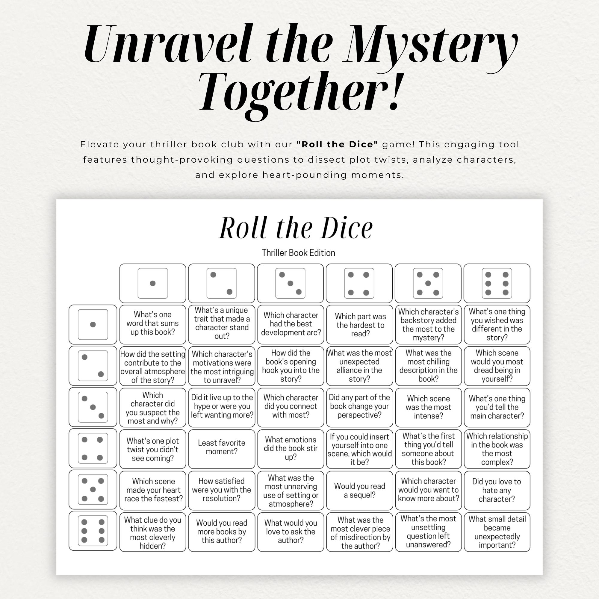 Thriller Book Club Discussion Questions Printable, Roll the Dice, Book ...