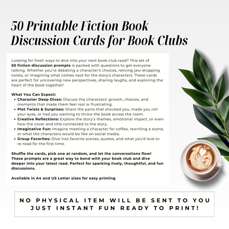 50 Fiction Book Club Discussion Cards, Fun Printable Questions, Book ...
