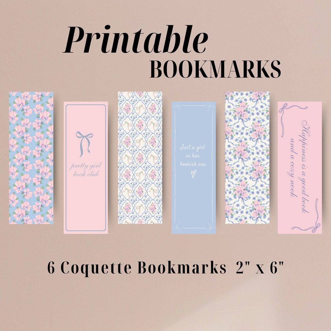 Set of 6 Coquette Printable Bookmarks, Pink and Blue, Girly Era ...