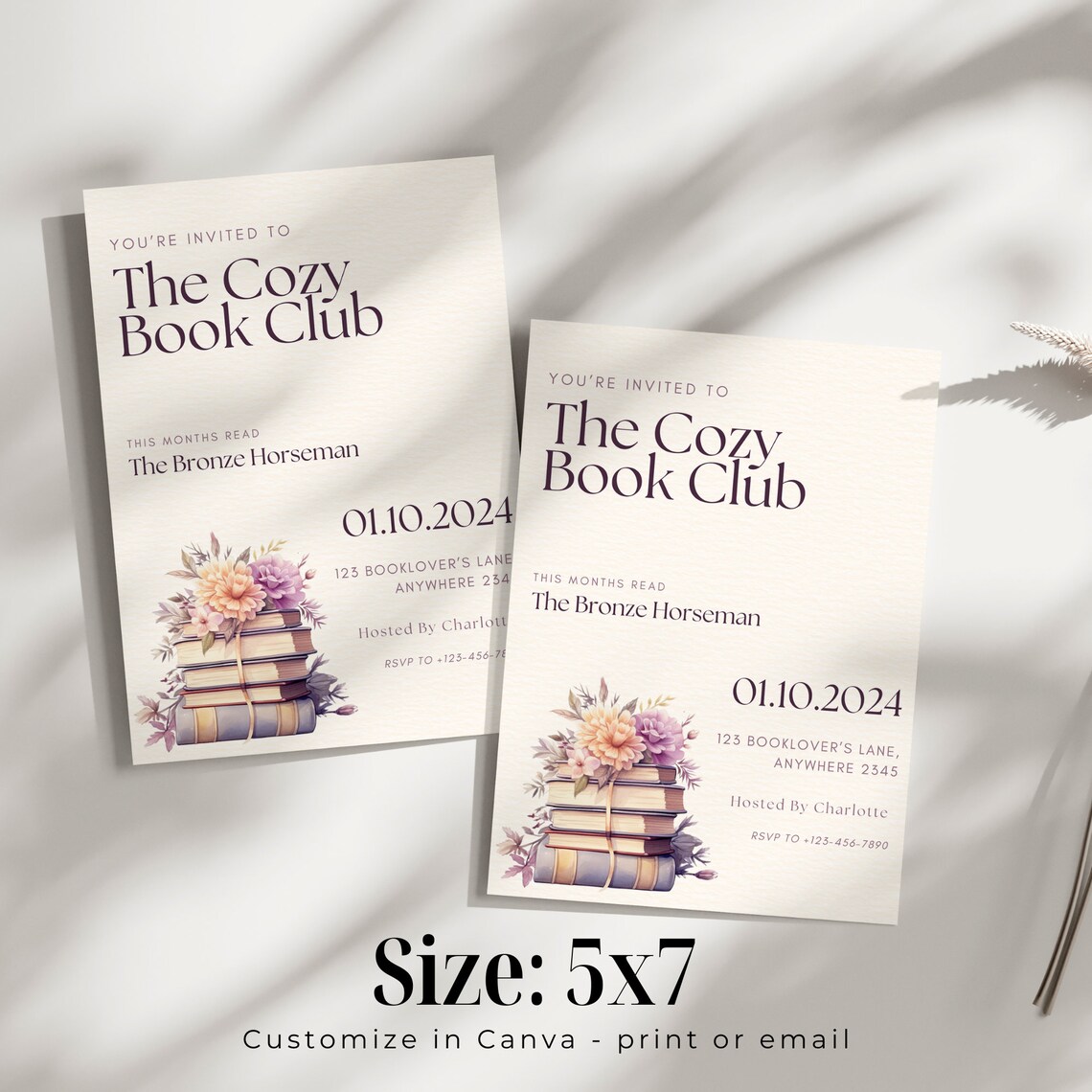 Editable Book Club Invite Purple Flowers Vintage Books Editable Canva ...