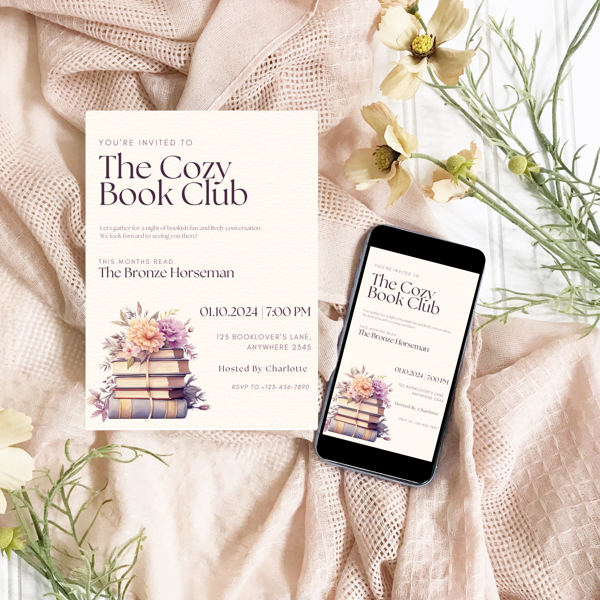 Editable Book Club Invite Purple Flowers Vintage Books Editable Canva ...
