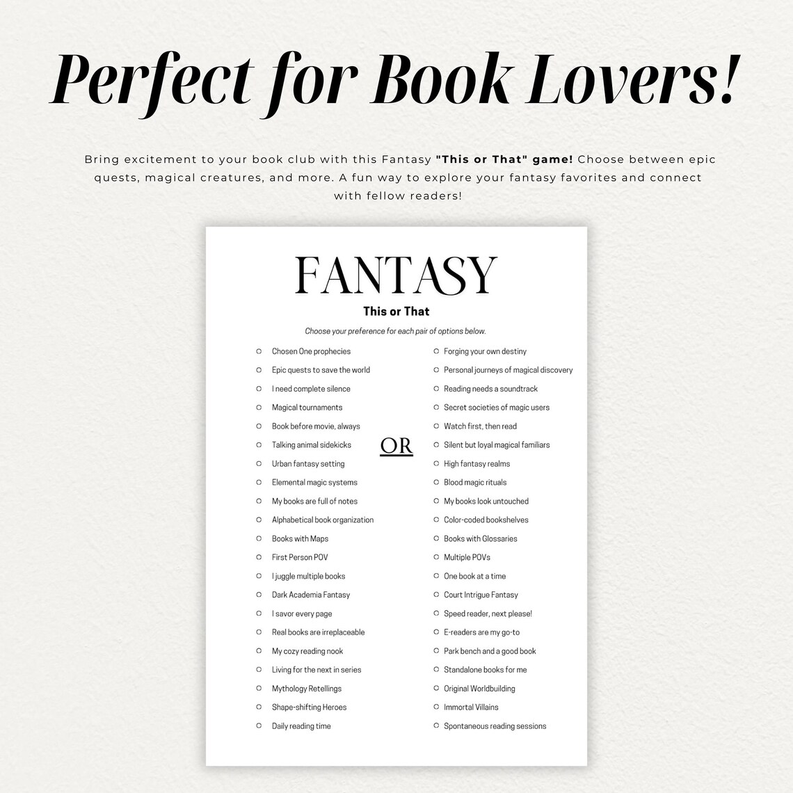 Fantasy Book Club Icebreaker Game, This or That Book Club Printable ...