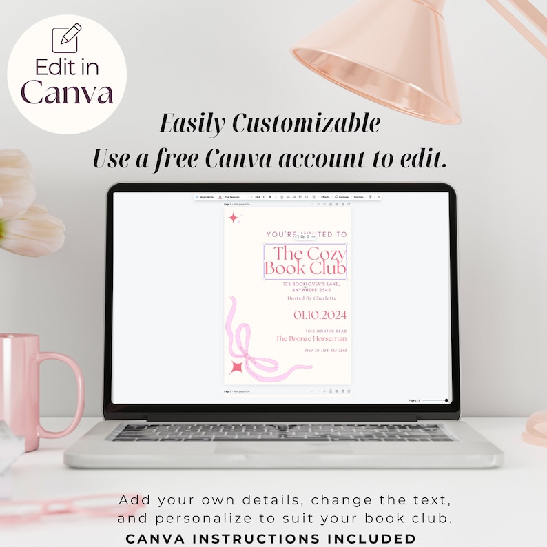 Editable Book Club Invite | Pink & Purple | Book Lovers | Editable ...