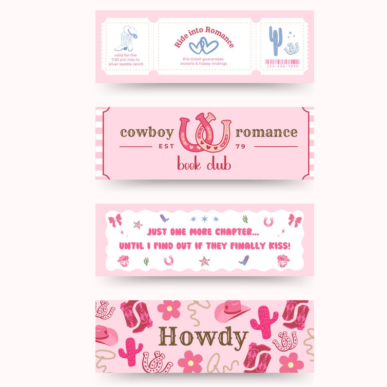 Set of 8 Cowgirl Romance Printable Bookmarks | Pink Aesthetic, Western ...