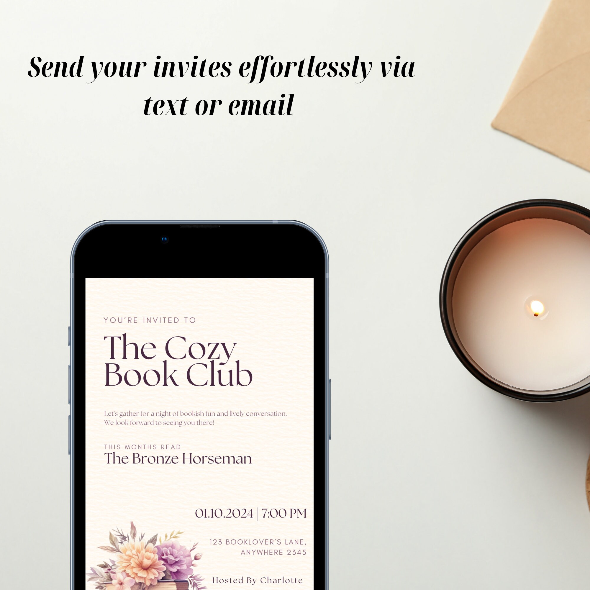 Editable Book Club Invite Purple Flowers Vintage Books Editable Canva ...
