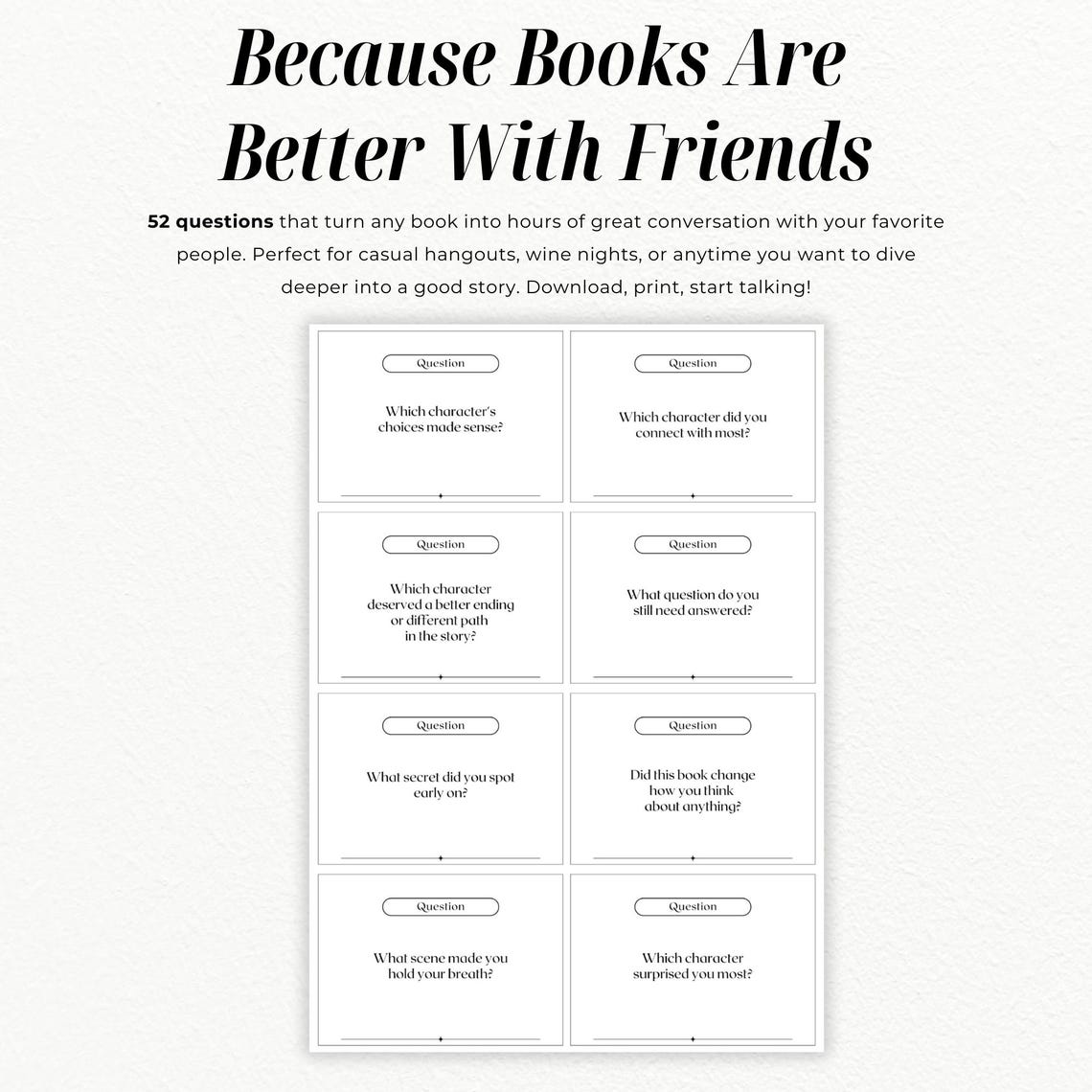 Fiction Book Club Discussion Cards | Fun Printable Questions | Digital ...