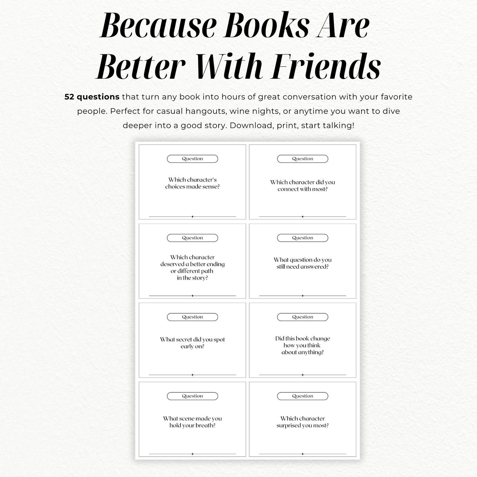 Fiction Book Club Discussion Cards | Fun Printable Questions | Digital ...