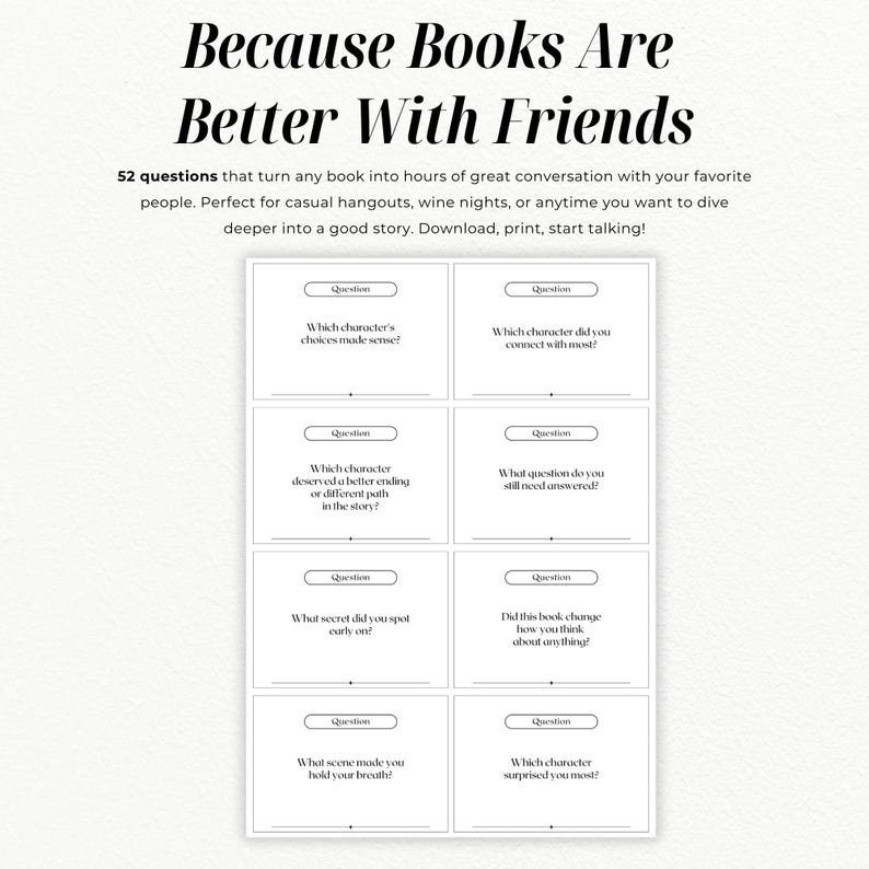 Fiction Book Club Discussion Cards | Fun Printable Questions | Digital ...