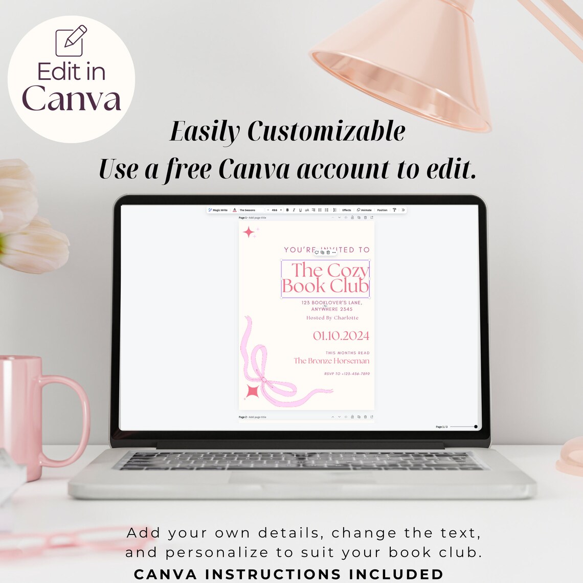 Editable Book Club Invite | Pink Coquette | Bow | Editable Canva ...