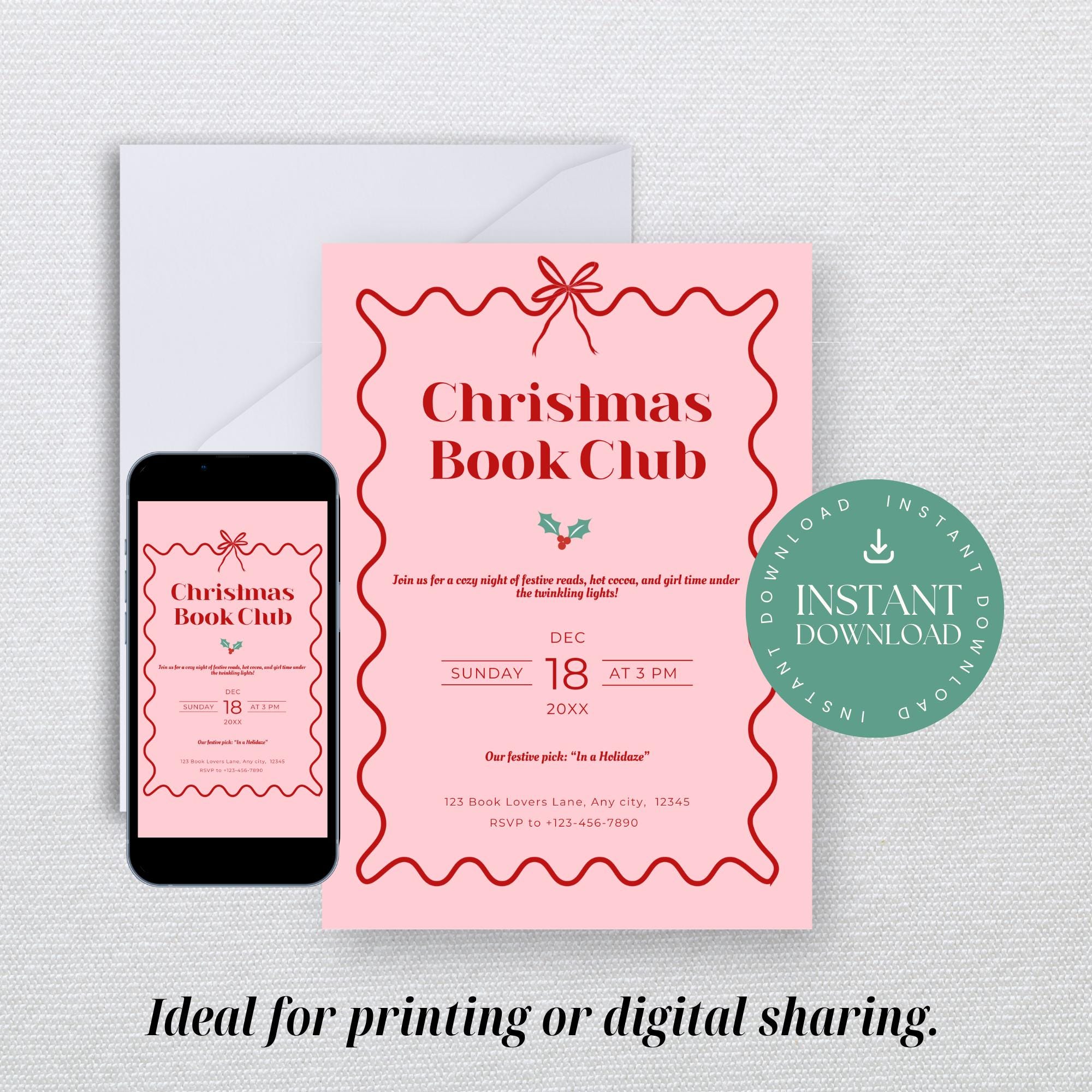 Editable Christmas Book Club Invitation | Cute Printable Invitation ...