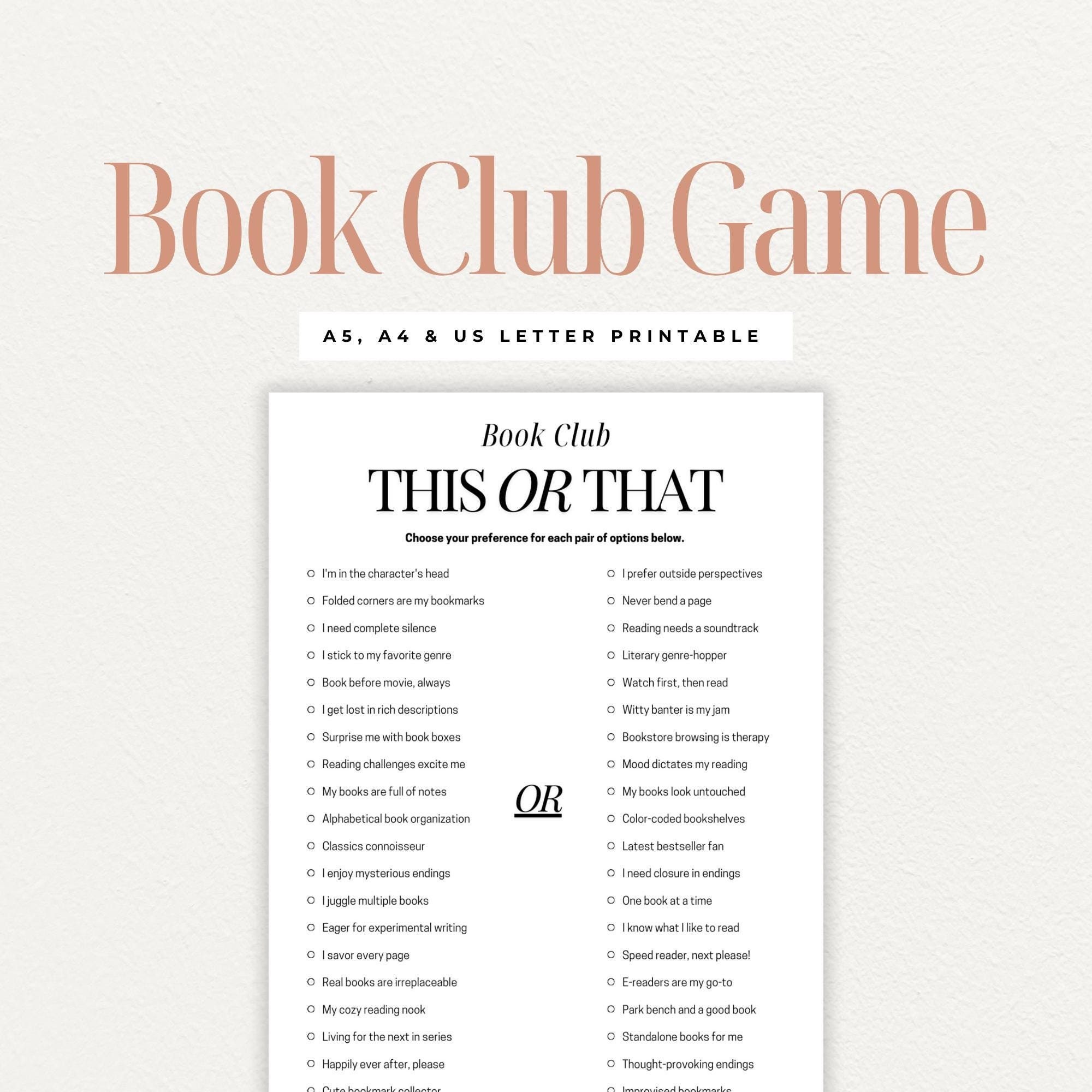 Book Club Icebreaker Game, This or That Book Club Printable, Fun Book ...
