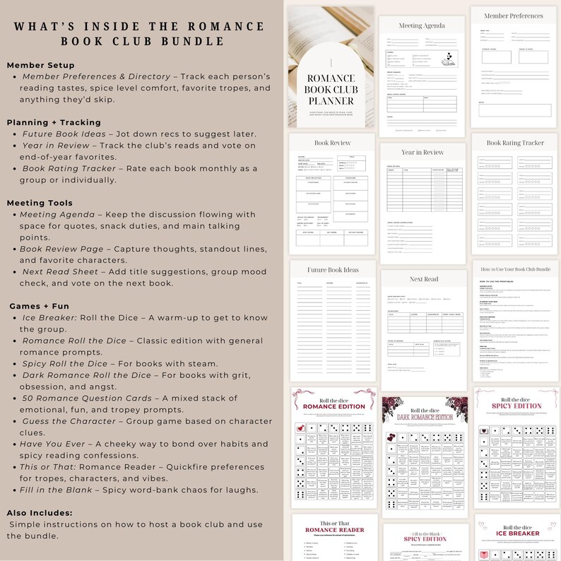 Romance Book Club Printable Bundle, Book Club Games, Trackers Meeting ...