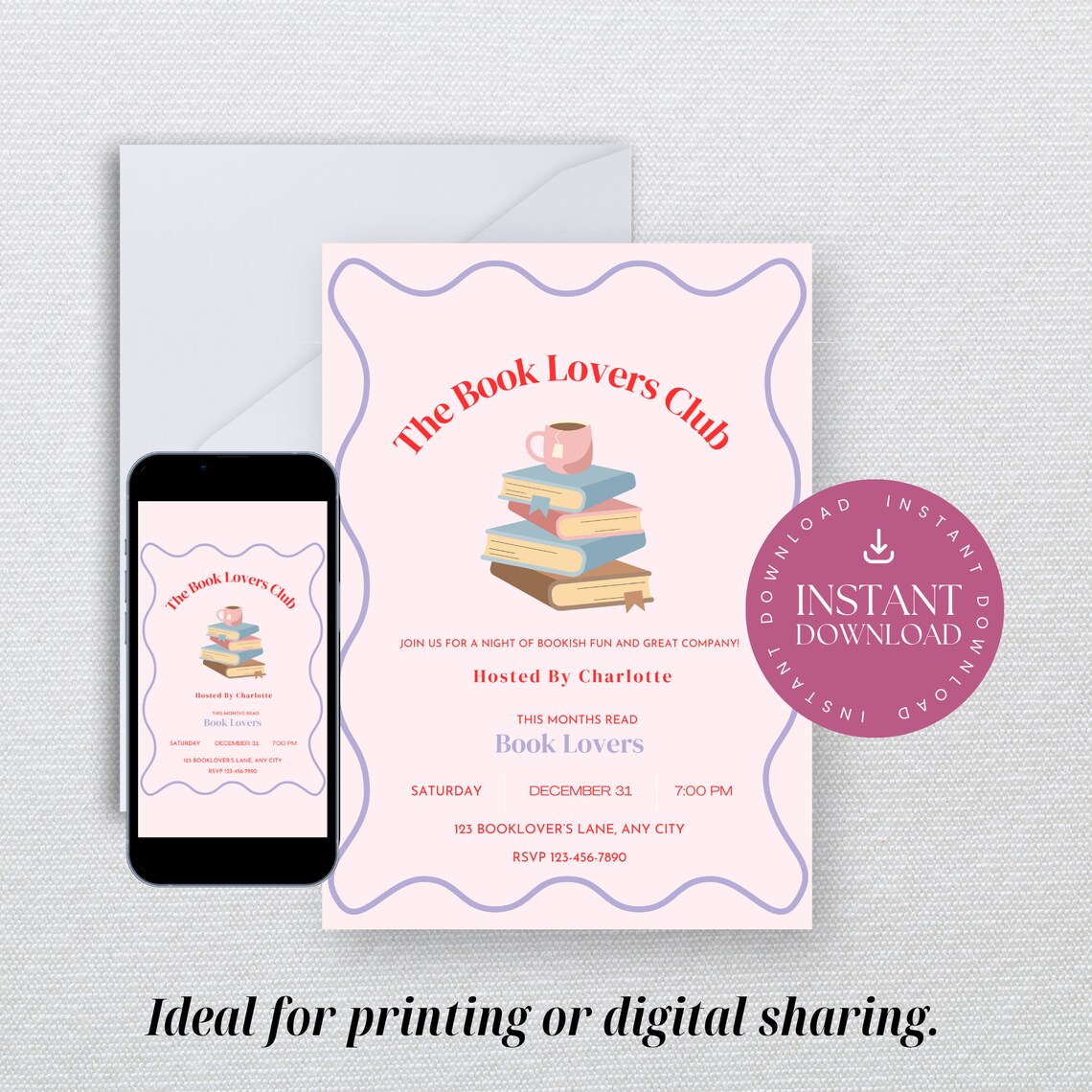 Editable Book Club Invite Pink & Purple Book Lovers Editable Canva ...