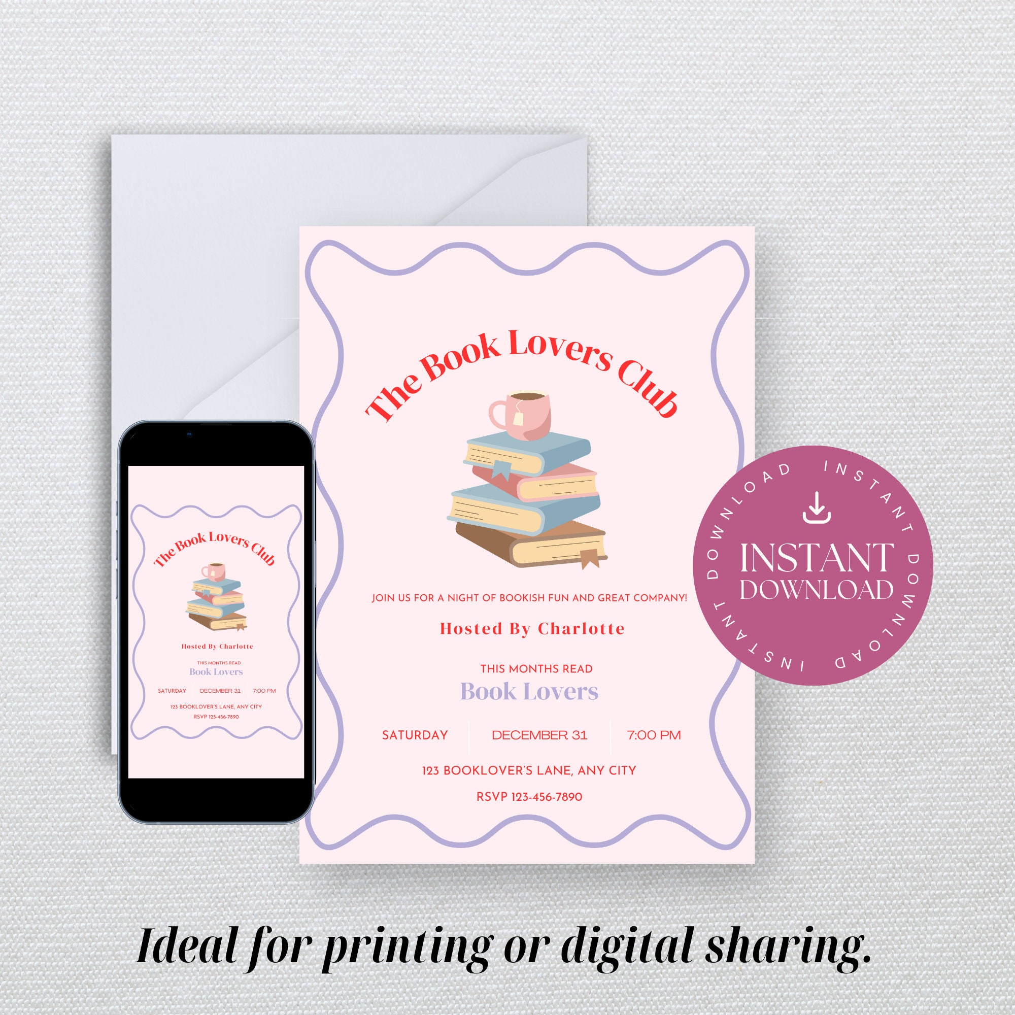 Editable Book Club Invite | Pink & Purple | Book Lovers | Editable ...