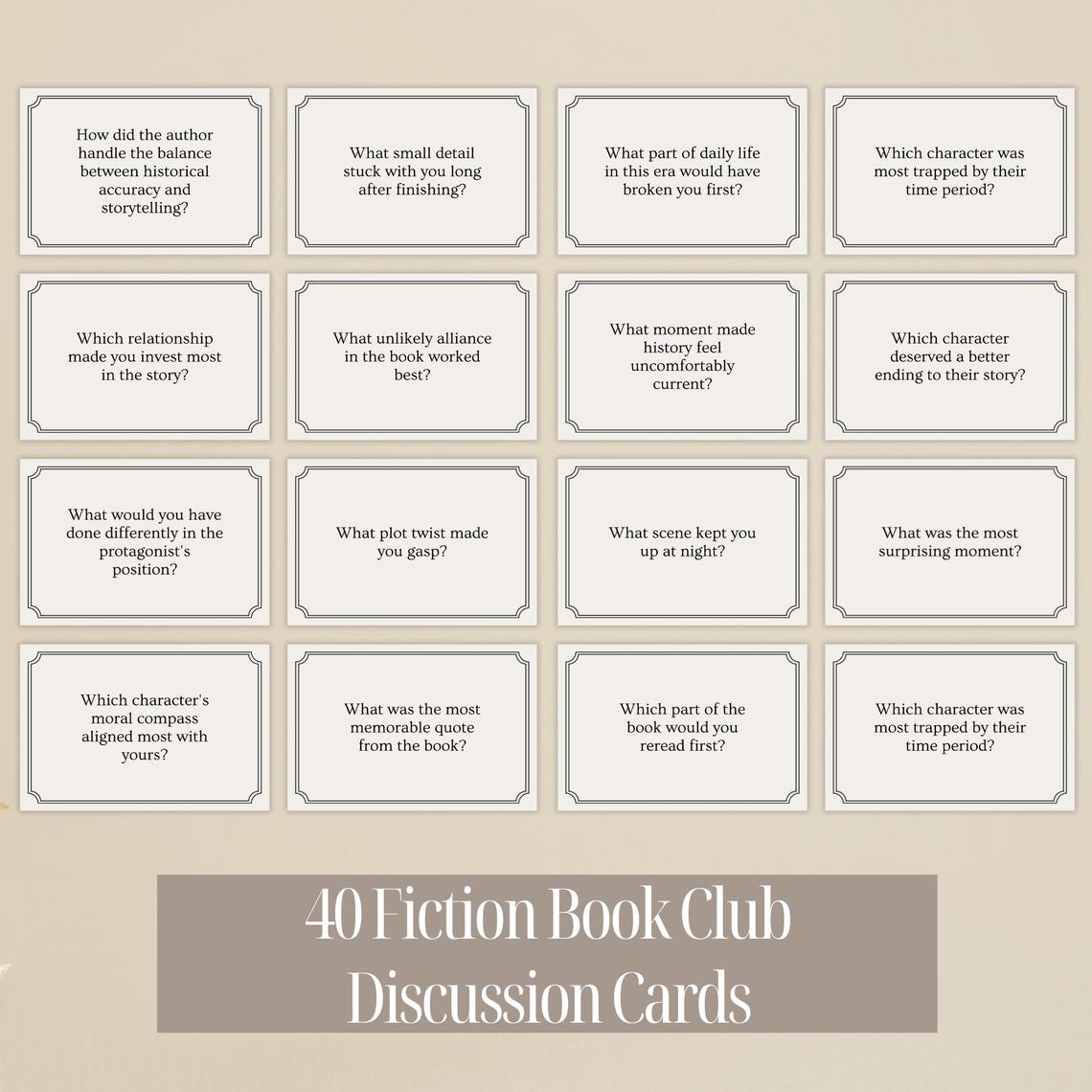 40 Printable Historical Fiction Book Club Cards, Discussion Questions ...