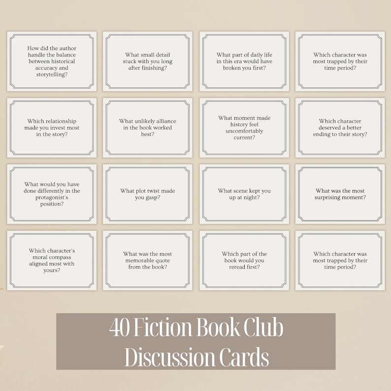 40 Printable Historical Fiction Book Club Cards, Discussion Questions ...