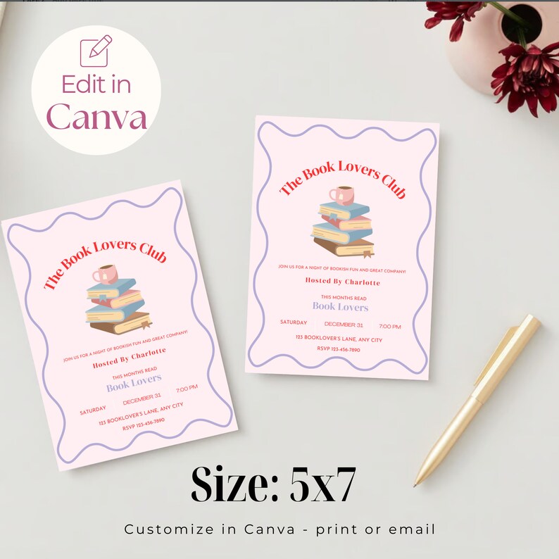 Editable Book Club Invite | Pink & Purple | Book Lovers | Editable ...