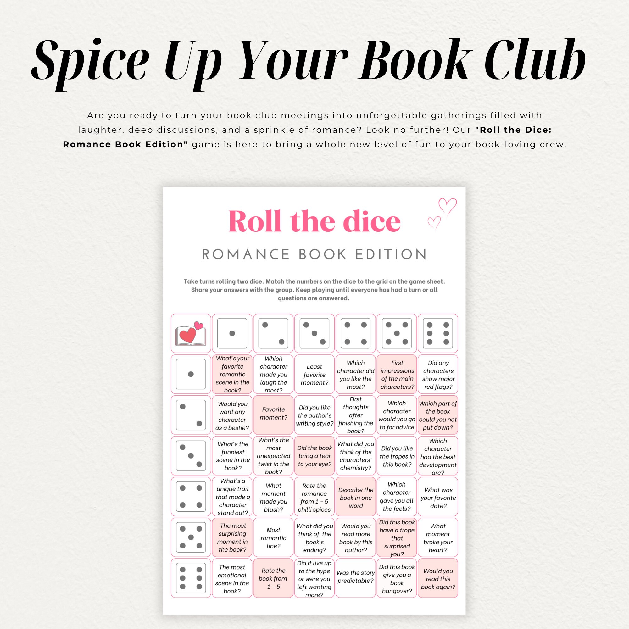 Roll the Dice Romance Book Edition, Fun Printable Book Club Game ...