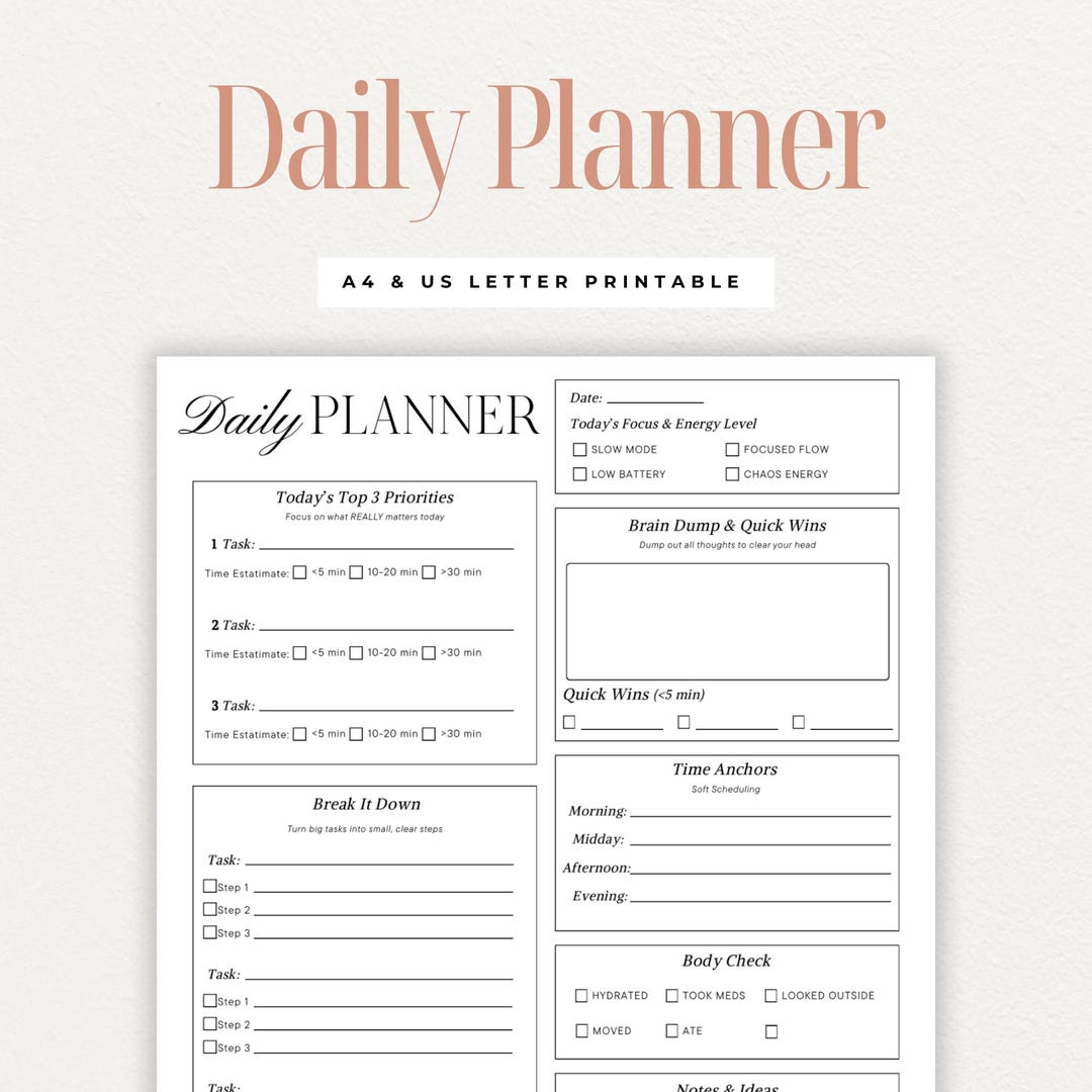 ADHD Daily Planner Printable, Executive Function Planner, Focus and ...