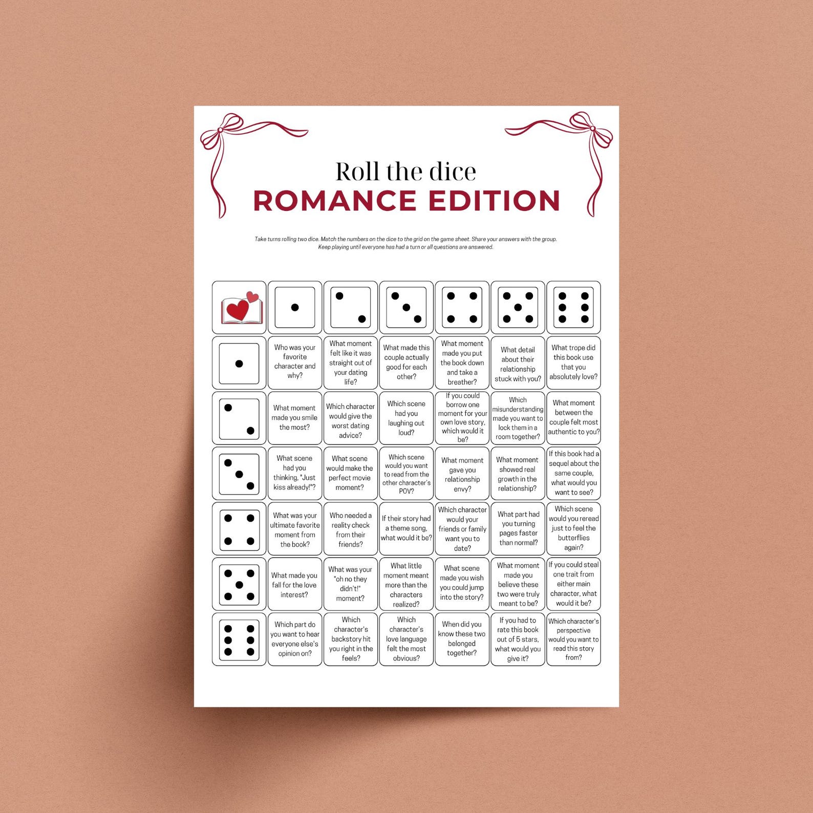 Romance Book Club Game Printable, Roll the Dice, Fun Icebreaker ...