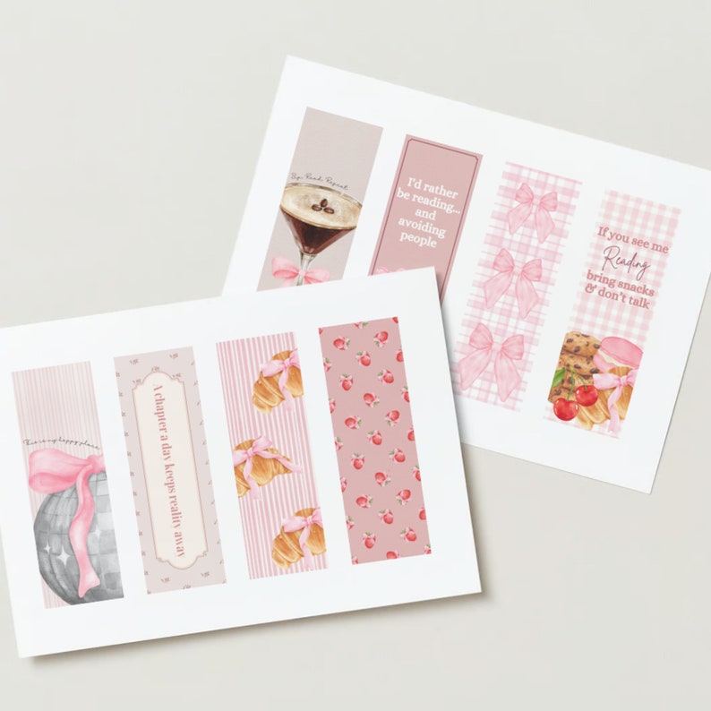 Set of 8 Coquette Printable Bookmarks Digital Download Book Lovers ...